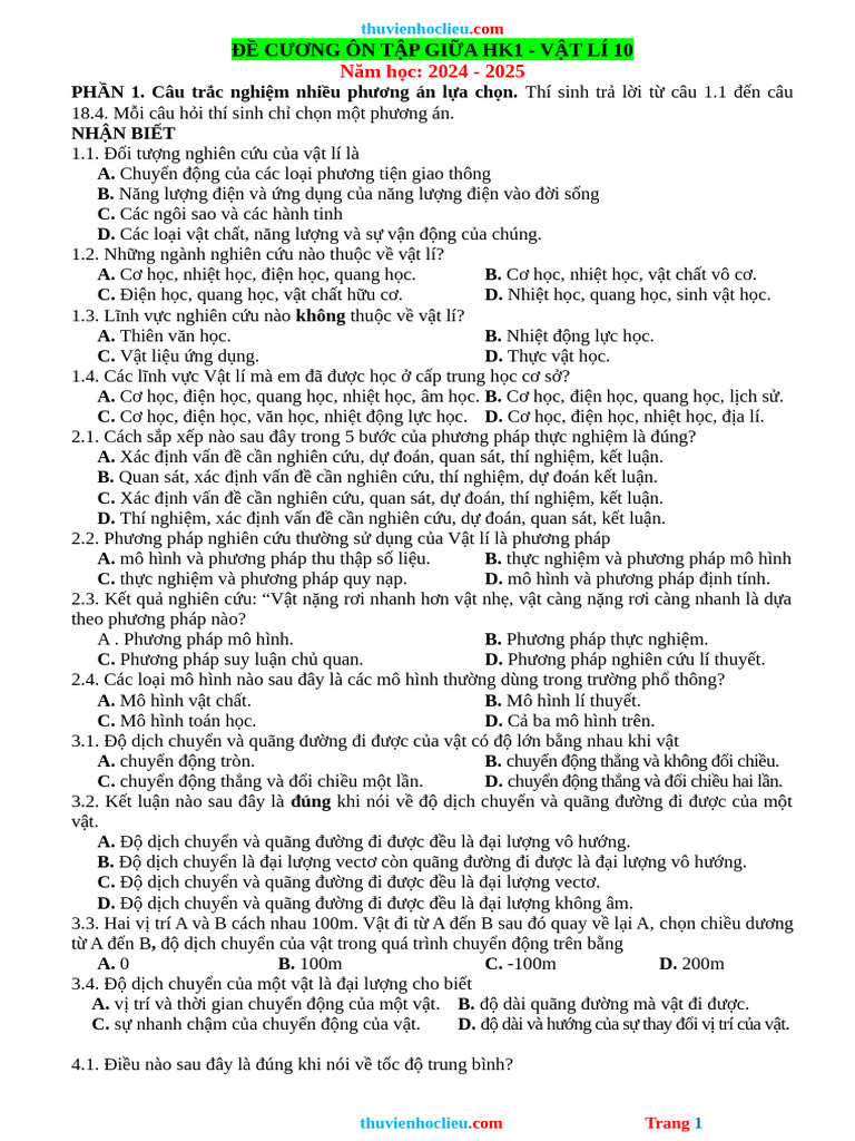De Cuong On Tap Giua HK1 Vat Li 10 KNTT 24 25 | PDF
