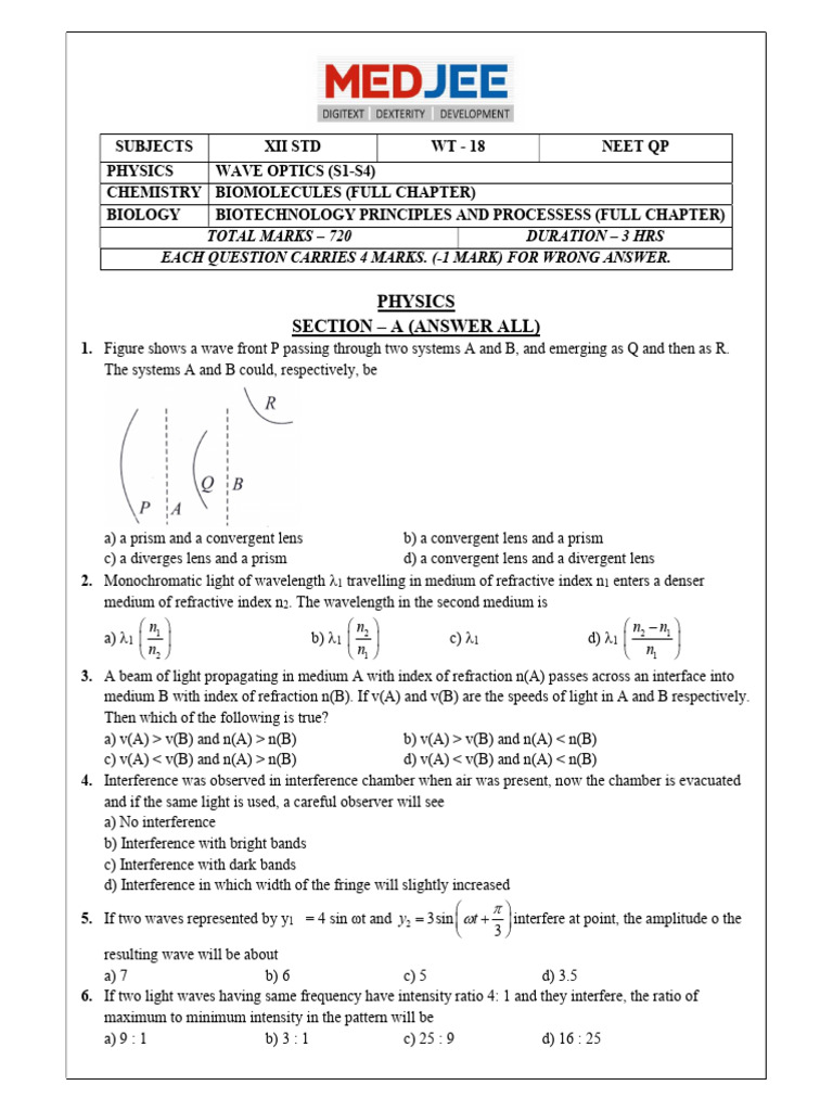 NEET XII Physics & Chemistry QP | PDF | Molecular Cloning | Diffraction