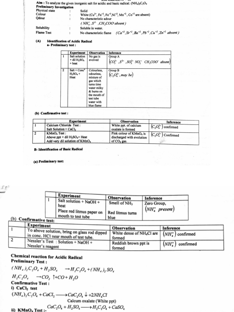 Exp 11_ Anion cation Ammonium Oxalate | PDF