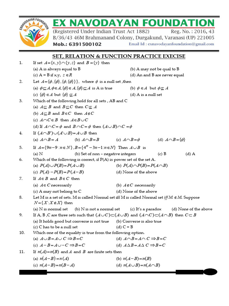 Set & Relation, Function Practice Execise | PDF | Abstract Algebra | Mathematics