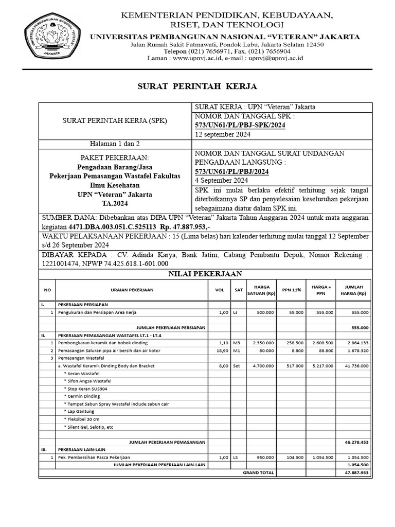 Contoh Surat Perintah Kerja SPK 2024 | PDF