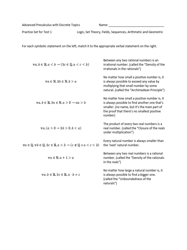 Precalculus Practice Set: Logic & Sequences | PDF | Field (Mathematics ...