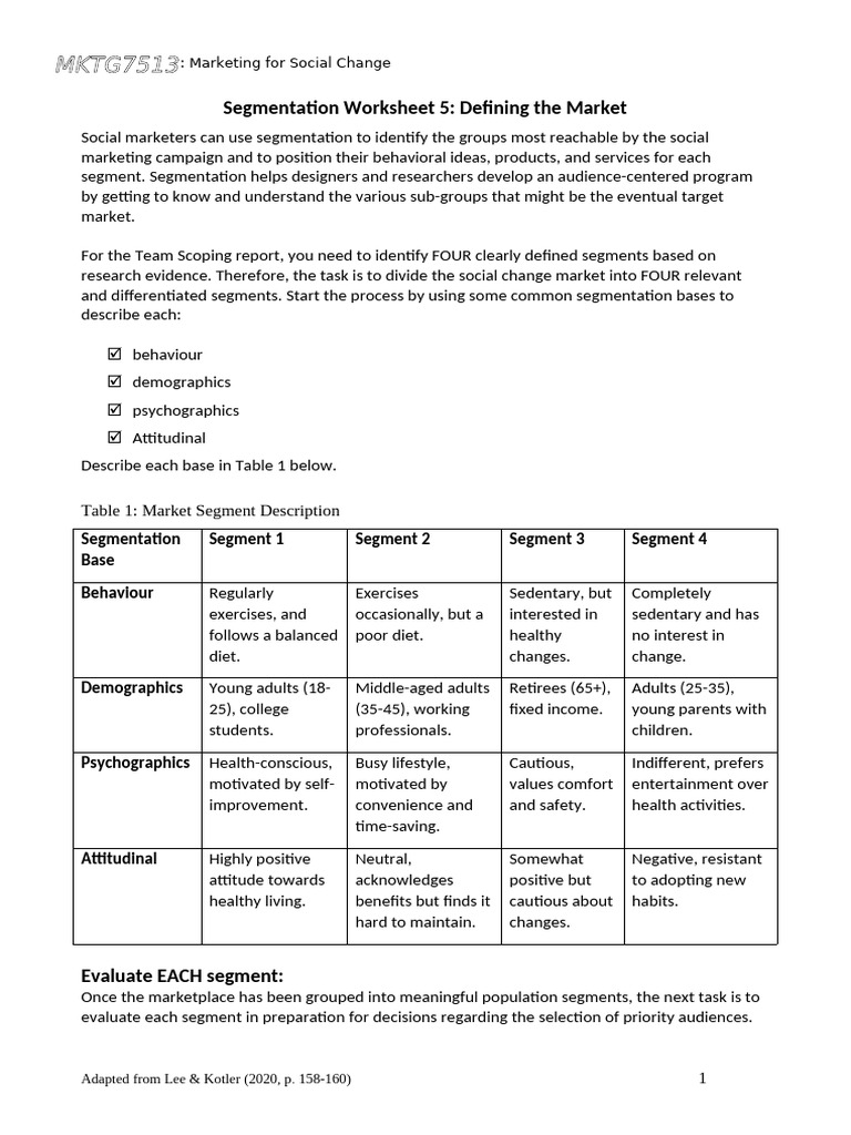 Worksheet 5 Segmentation-Defining The Market | PDF | Market ...