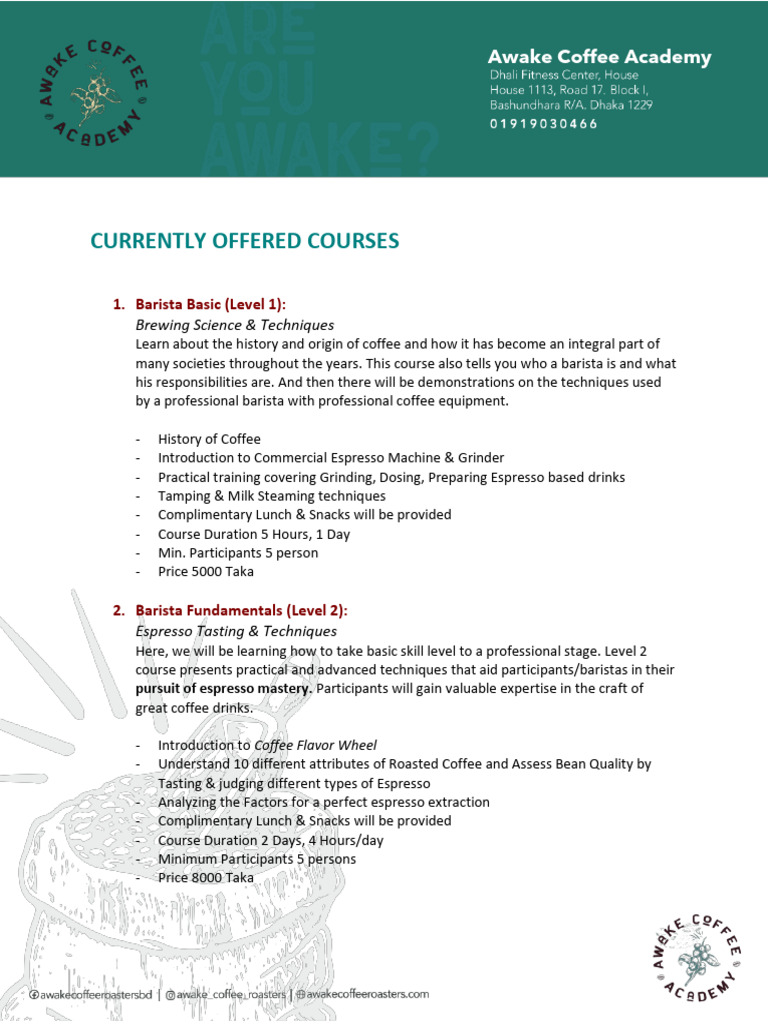 Coffee Courses & Training at Awake Academy | PDF | Coffee | Drink