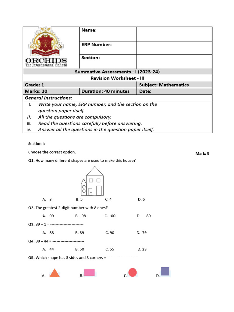 Summative Assessment Term 1 Grade 1 Revision Worksheet 3 | PDF