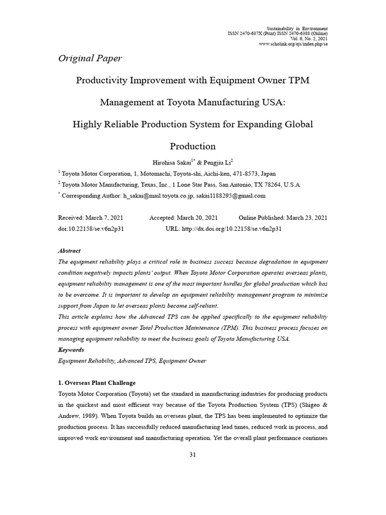 Productivity Improvement With Equipment Owner TPM | PDF | Reliability ...