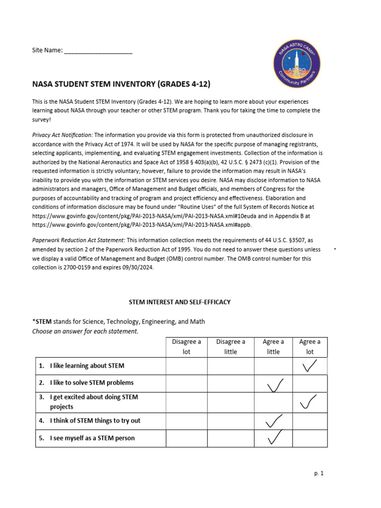 NASA K-12 STEM Inventory (Grades 4-12) For Paper Administration | PDF ...