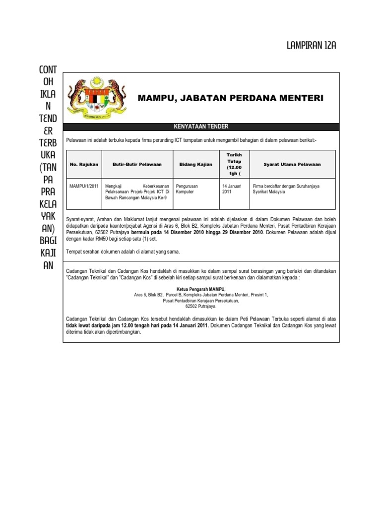 Lampiran 12a Contoh Tender Terbuka Tanpa Pra Kelayakan Bagi Kajian | PDF