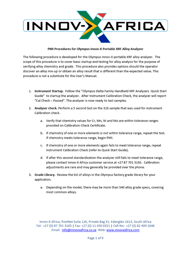 PMI Procedures for Olympus XRF Analyzer | PDF | Calibration | Metals