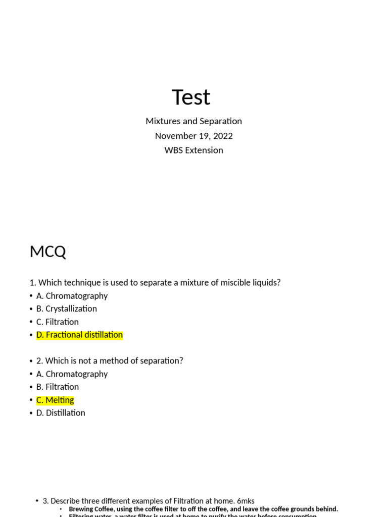 Mixtures and Separation Techniques MCQ | PDF | Solubility | Nitrate