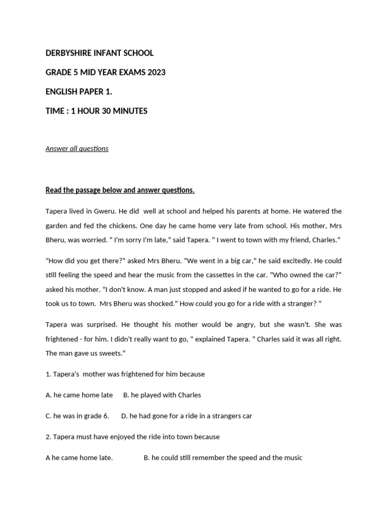 Grade 5 English Paper 1. Mid | PDF | Plough
