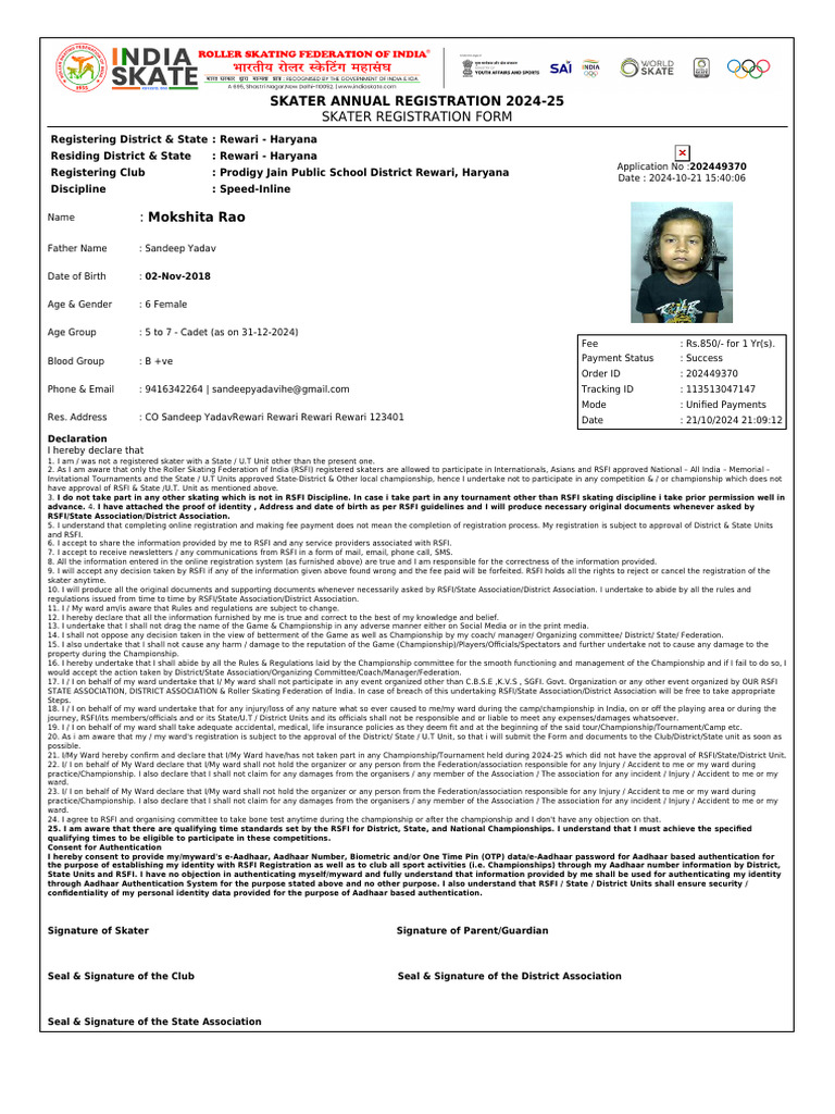 RSFI Registration for Skaters 2024-25 | PDF