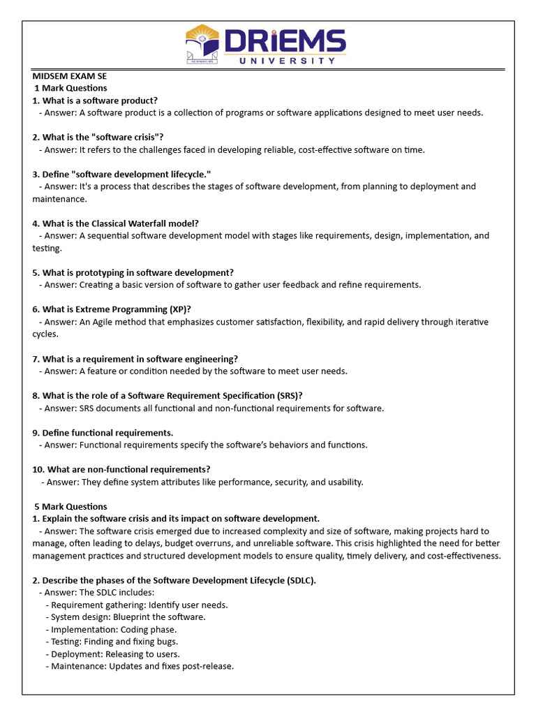 MIDSEM EXAM Software engineering | PDF | Software Development Process | Agile Software Development
