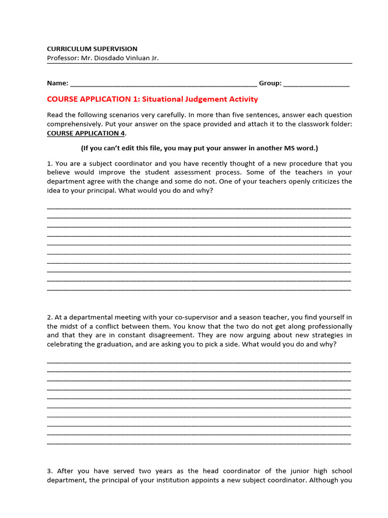 COURSE APPLICATION 4 - Situational Judgement Activity | PDF | Cognitive ...