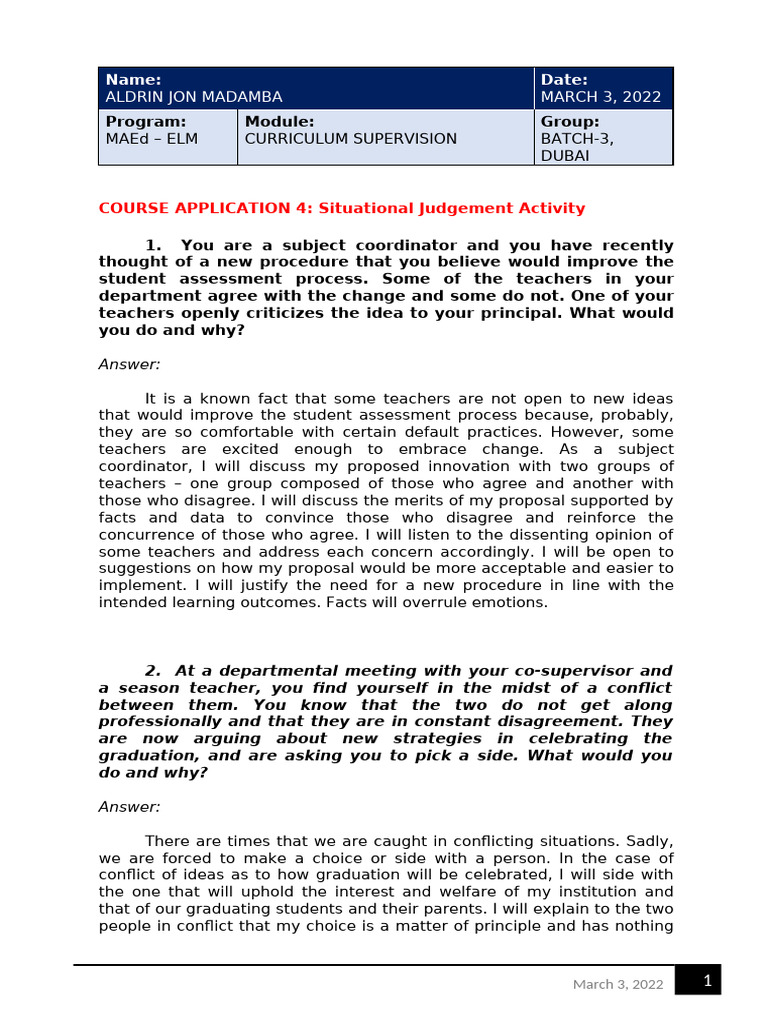 COURSE APPLICATION 4 - Situational Judgement Activity Answers | PDF ...