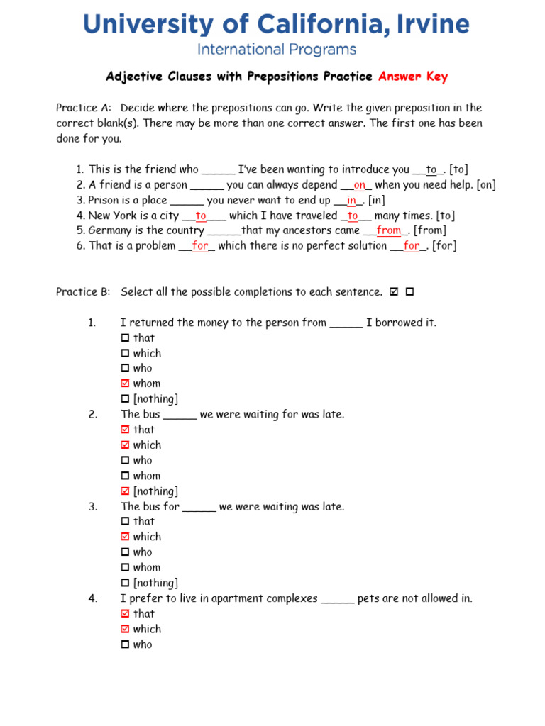 Adjective Clauses Prepositions Practice Key | PDF
