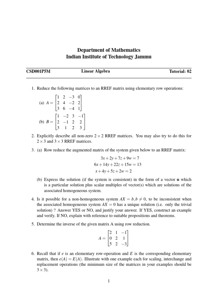 Tut-02 | PDF | Matrix (Mathematics) | System Of Linear Equations