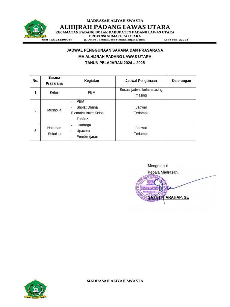 Jadwal Penggunaan Sarpras | PDF