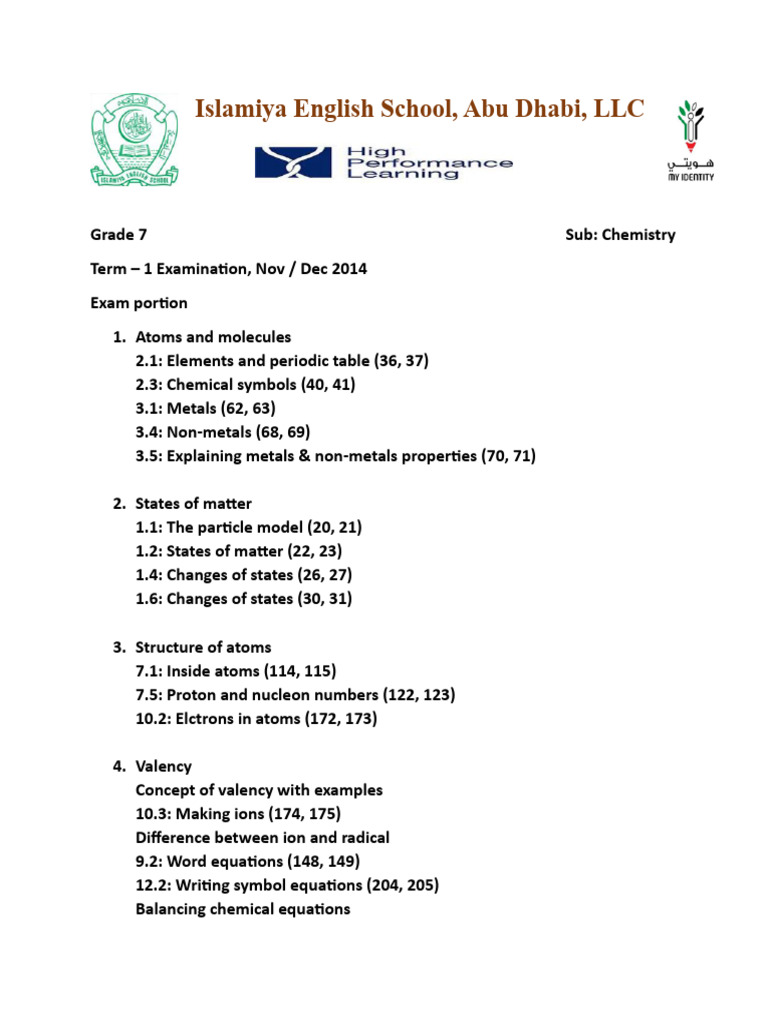 Grade 7 Chemistry Exam Guide | PDF