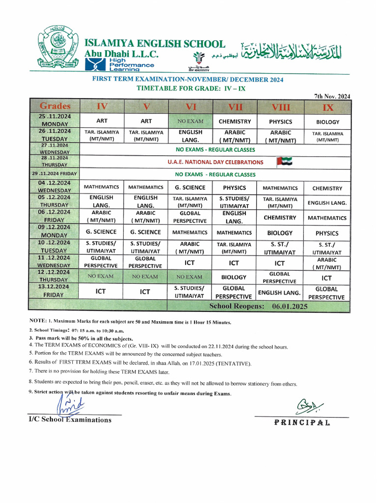Schedule of First Term Exam December 2024 - Final | PDF