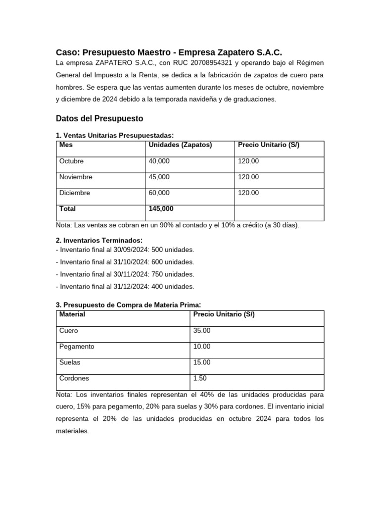 Caso Presupuesto Maestro Zapatero SAC | PDF | Presupuesto