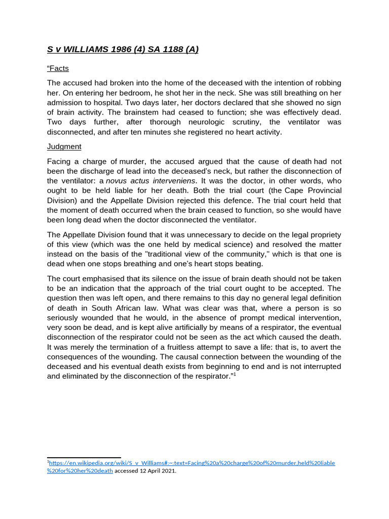 Murder Charge in S v Williams Case | PDF