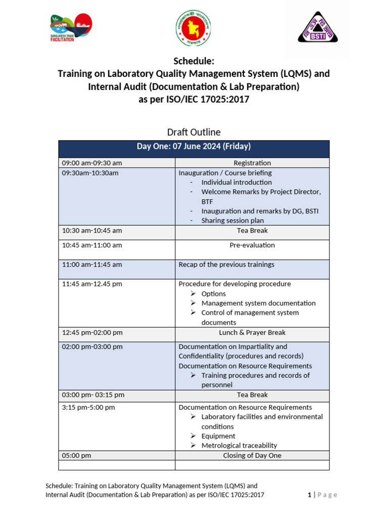 Schedule For Training On Lab QMS and Internal Audit (Documentation Lab ...