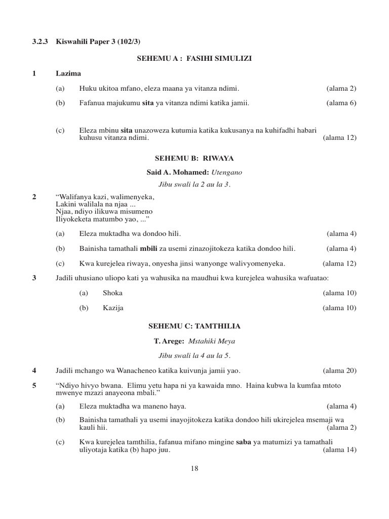 Kiswahili Paper3 Questions and Answers Kcse 2013 | PDF
