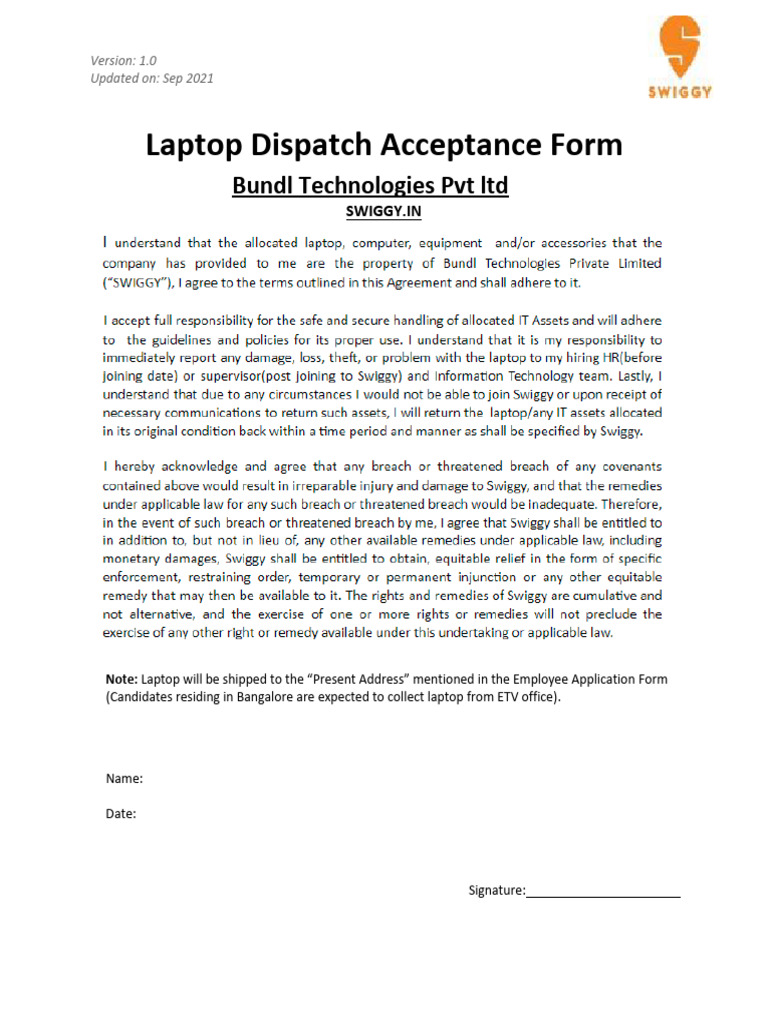 Swiggy Laptop Dispatch Form | PDF