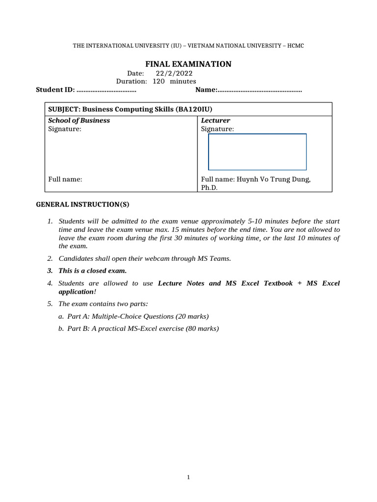 BA120IU FinalExam Online Student | PDF | Microsoft Excel | Qualifications