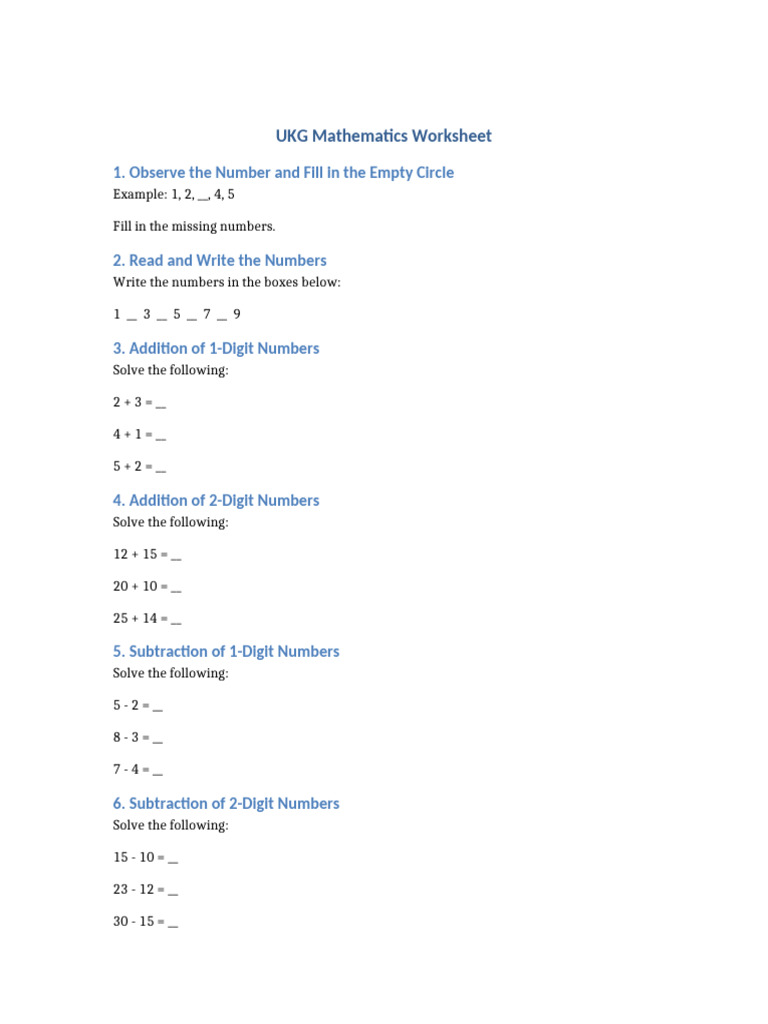UKG Math Worksheet Activities | PDF