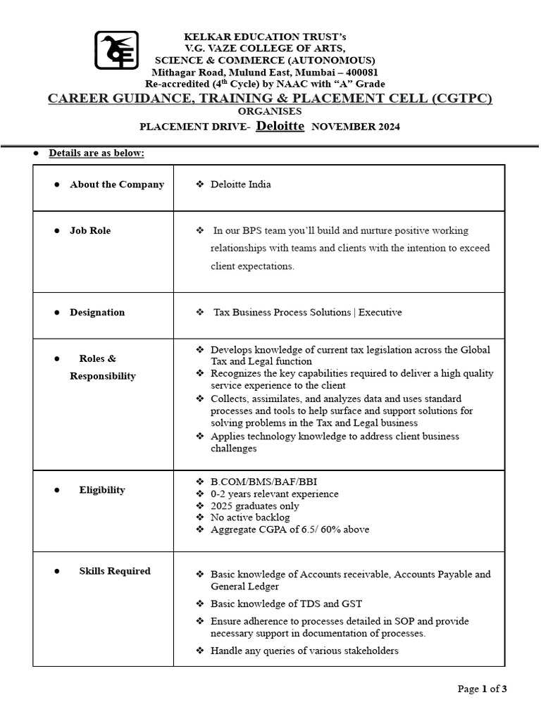 Deloitte India Placement B.com BMS BAF BBI - Docx-1-1 | PDF