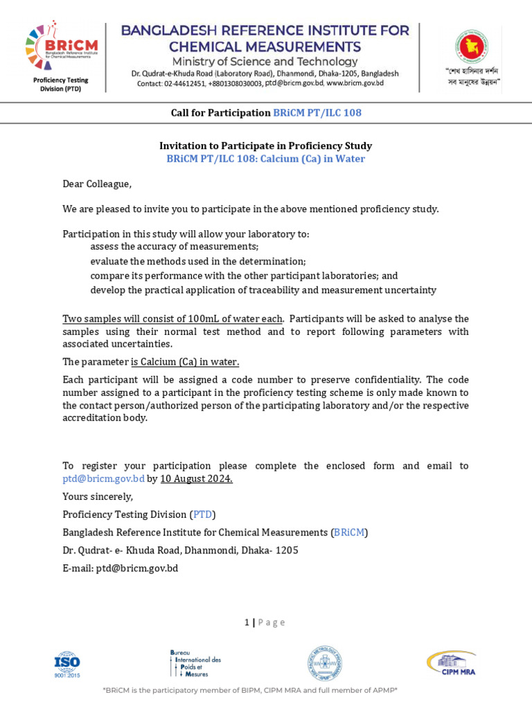 Call For Participation BRiCM PT 108 - Calcium (Ca) in Water | PDF