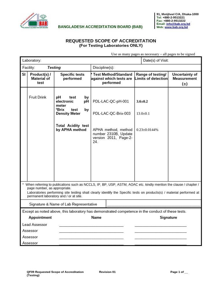 QF09 Requested Scope of Testing | PDF