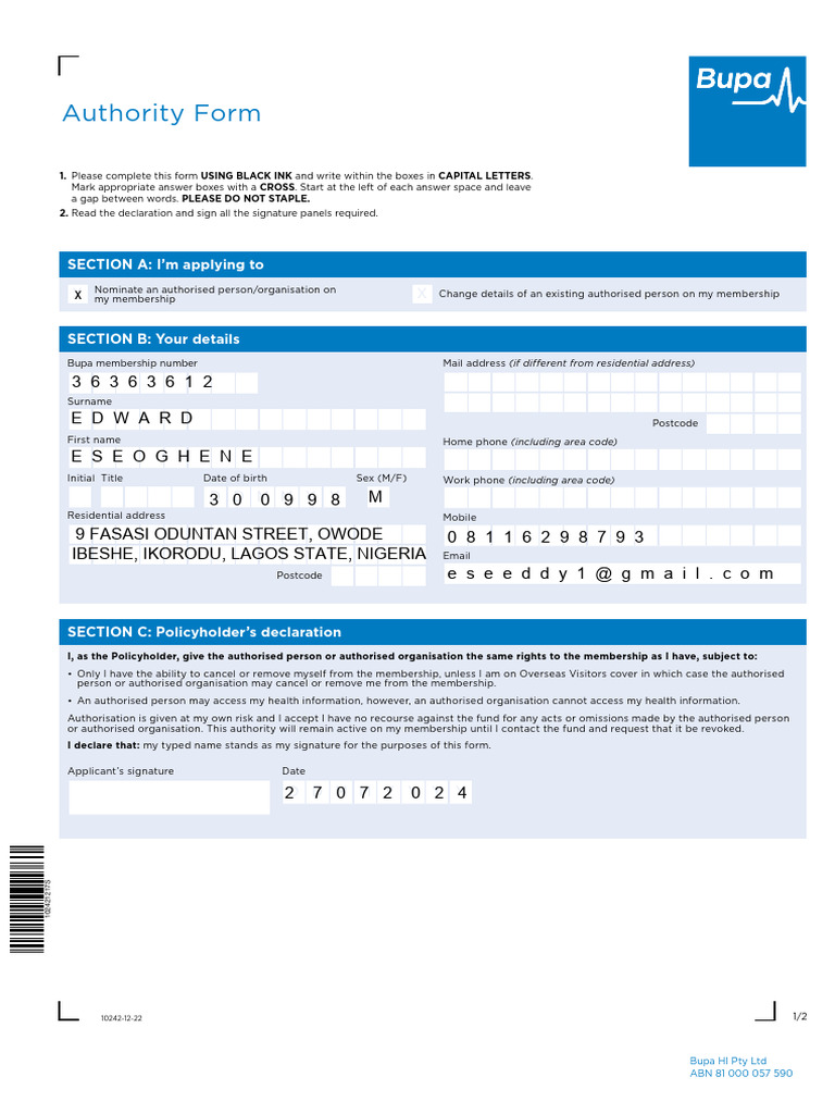 Authority Form - Bupa (2)[1] | PDF