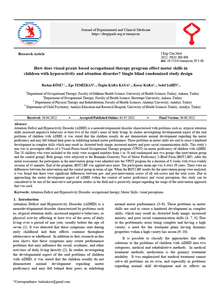 How Does Visual Praxis Based Occupational Therapy Program Effect Motor ...