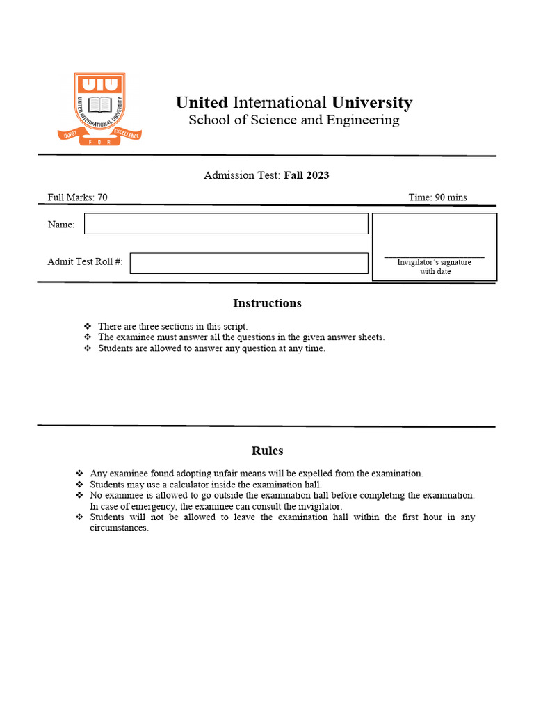 UIU Admission Sample Question | PDF