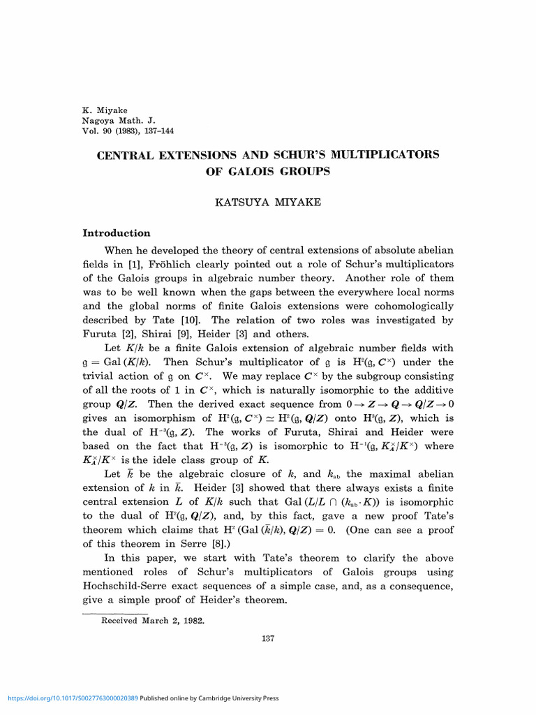 Central Extensions and Schurs Multiplicators of Galois Groups | PDF | Field (Mathematics ...