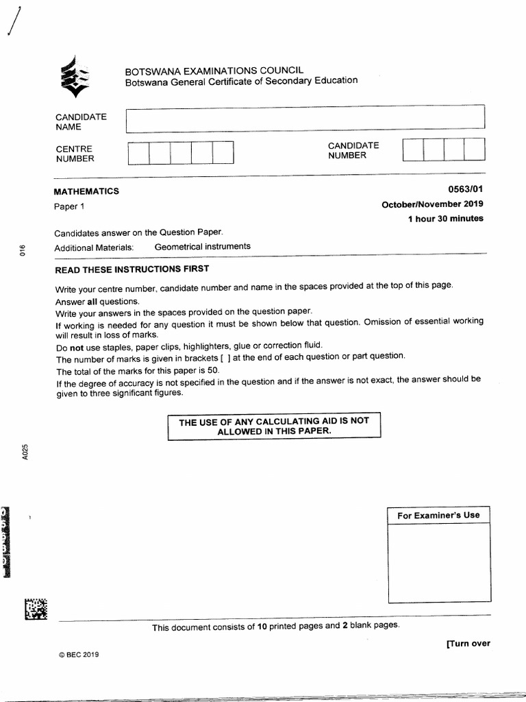 Bgcse Maths Pp1 2019 | PDF