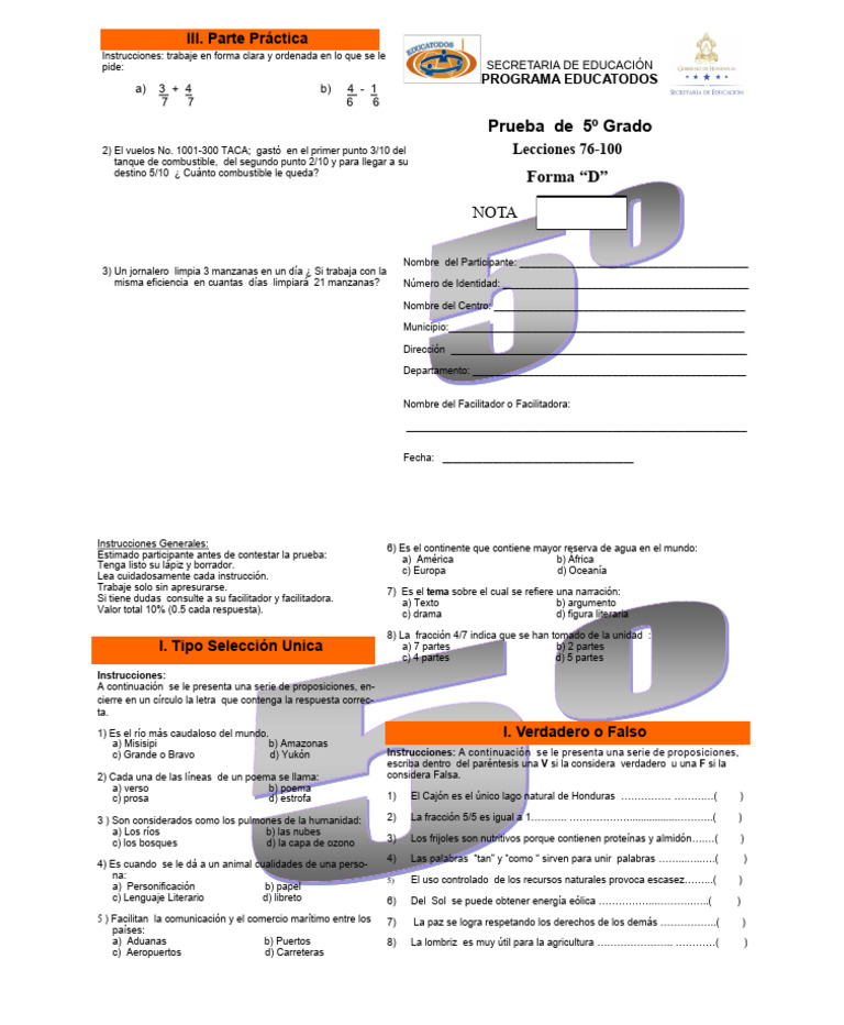 5to Grado 4ta Prueba | PDF