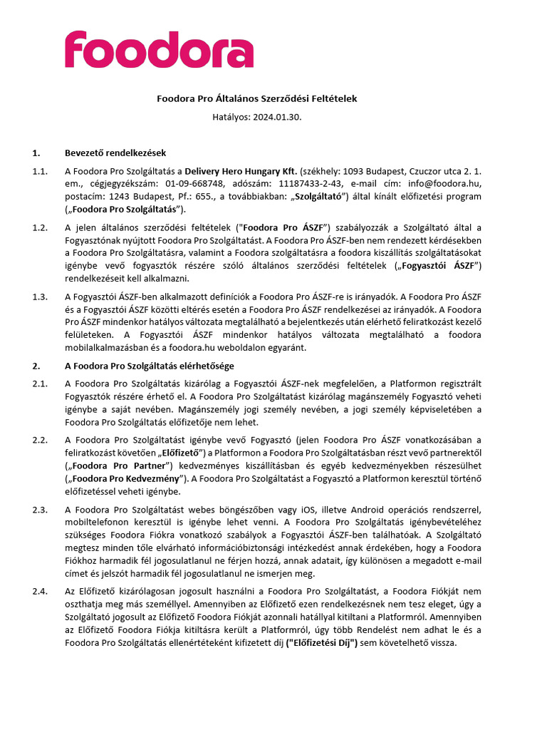 Foodora Pro ÁSZF 2024.01.30 | PDF
