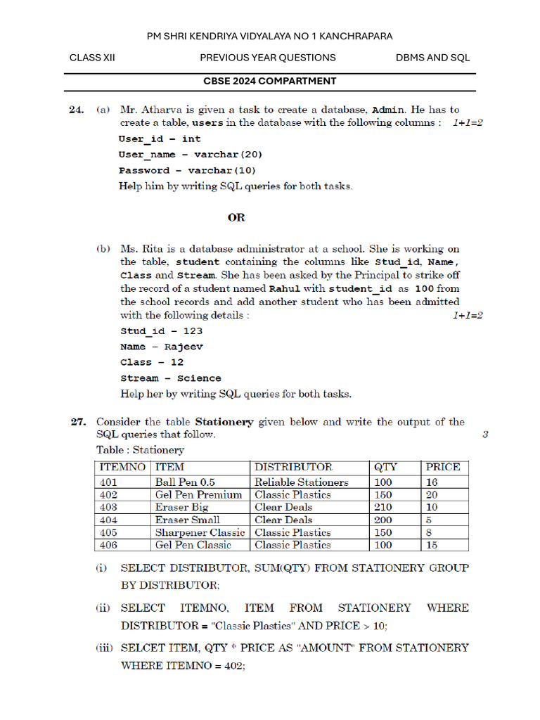 CS Pyq DBMS SQL | PDF