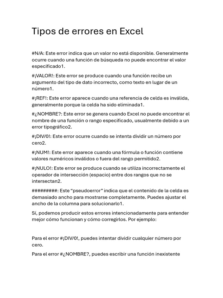 Tipos de errores en Excel | PDF | Métodos y materiales de enseñanza