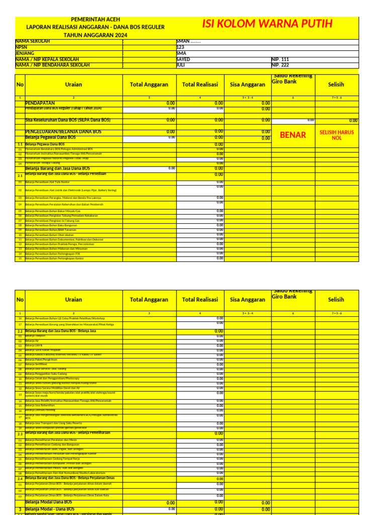 FORMAT LRA-LO BOS TAHAP I 2024 (Nama Sekolah........................ ) | PDF