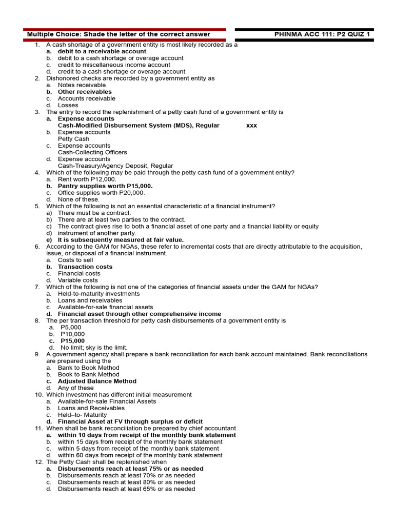 PHINMA ACC 111: P2 Quiz 1 Overview | PDF | Fair Value | Debits And Credits