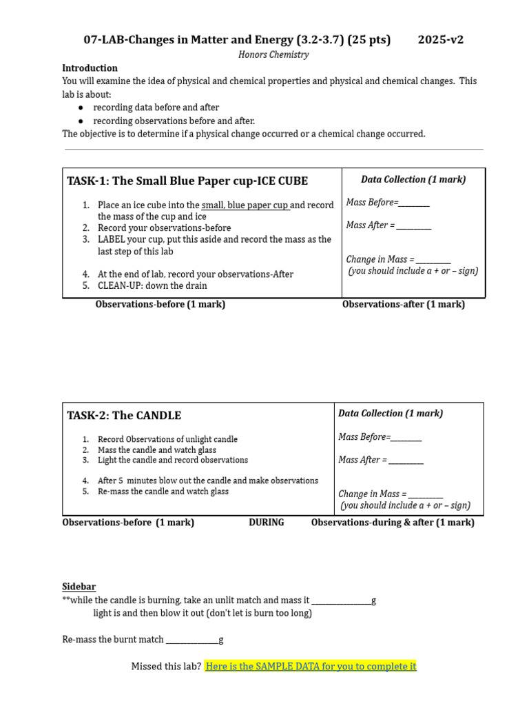 Changes in Matter and Energy Lab Guide | PDF | Mass | Chemistry