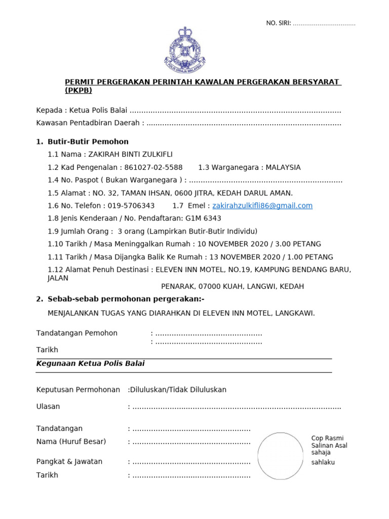 Permit Pergerakan PKPB Zakirah Zulkifli | PDF