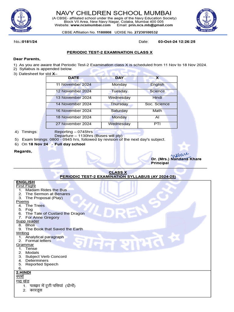 Circular No - 181 Unit Test-2 Examination Syllabus (X) | PDF | Science ...