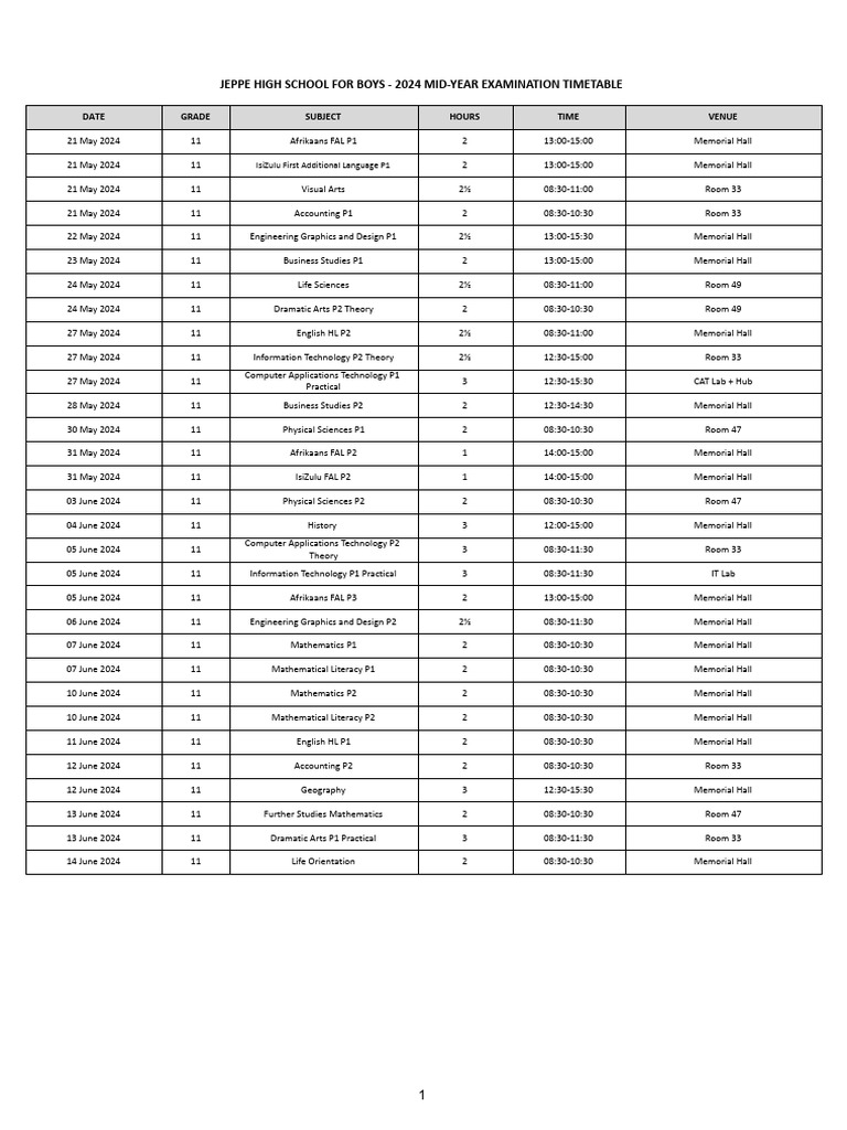 Grade 11 - 2024 June Exam Timetable | PDF