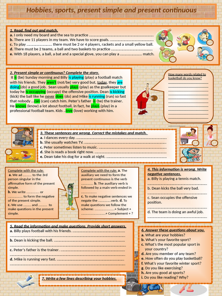 Hobbies, Sports, Present Simple and Present Continuous Corrigido Miguel ...